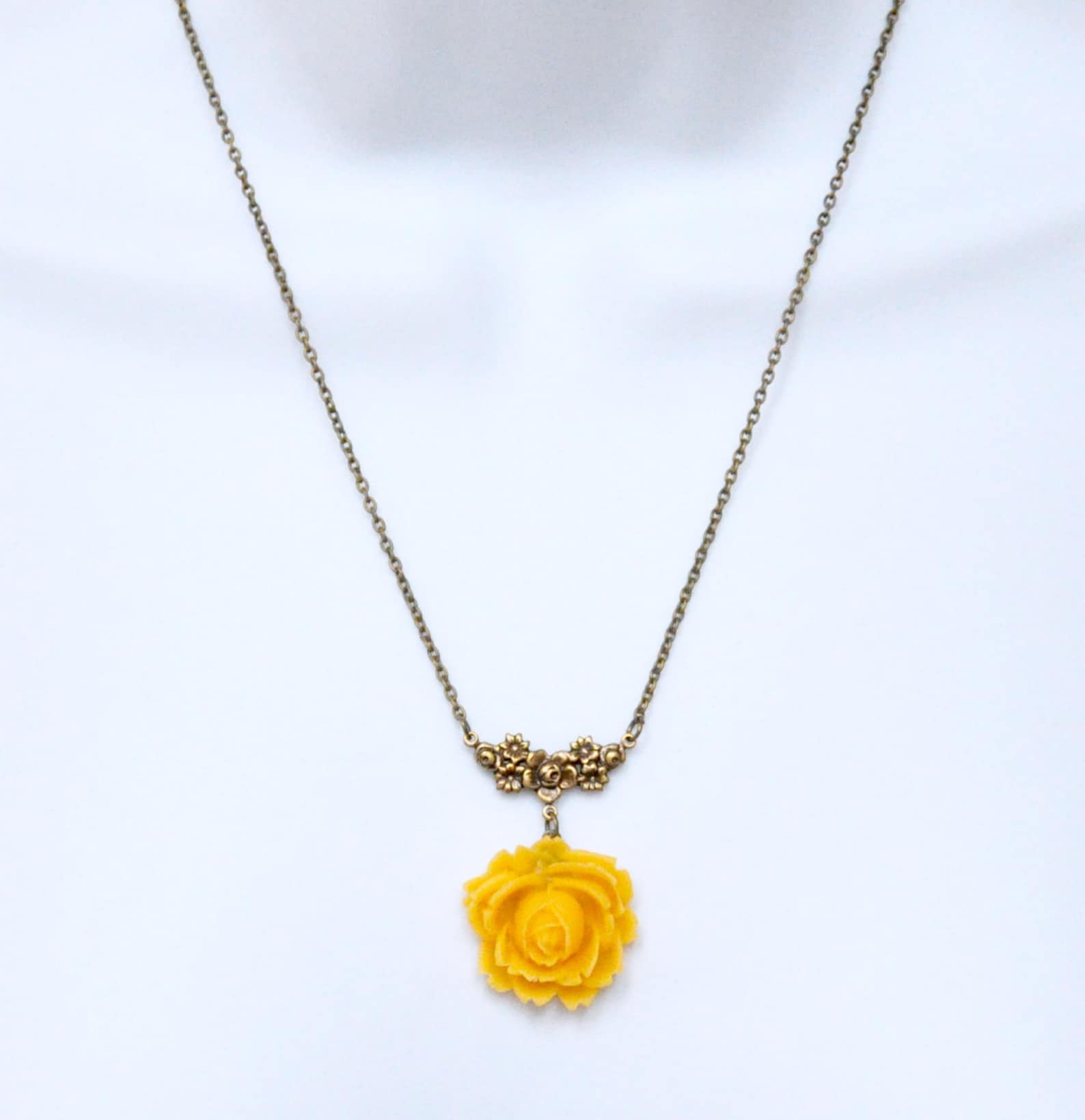Yellow Rose Pendant Necklace: Antiqued Brass Floral Design, Victorian ...