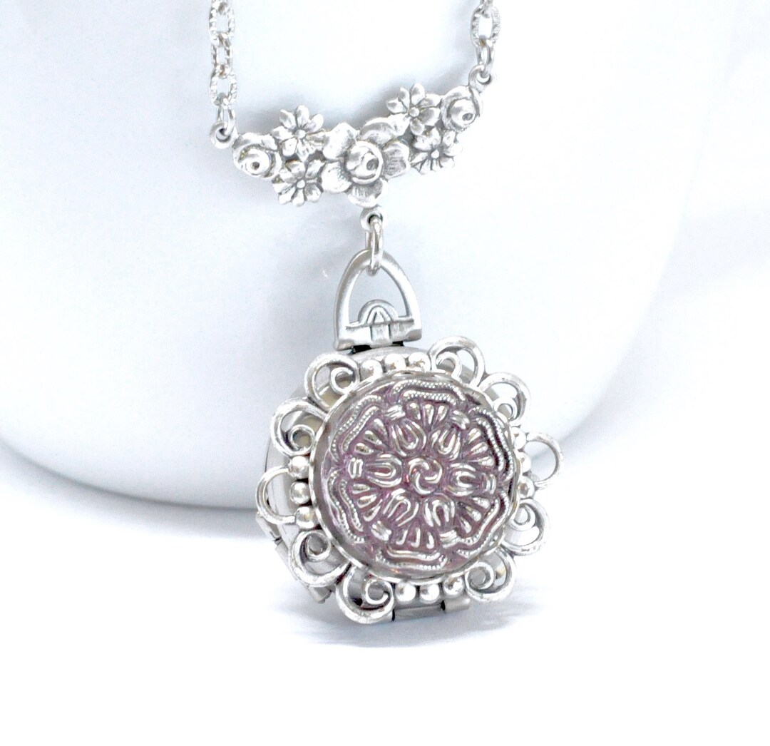 4 Photo Locket Necklace With Czech Glass Flower Button, Light Purple ...
