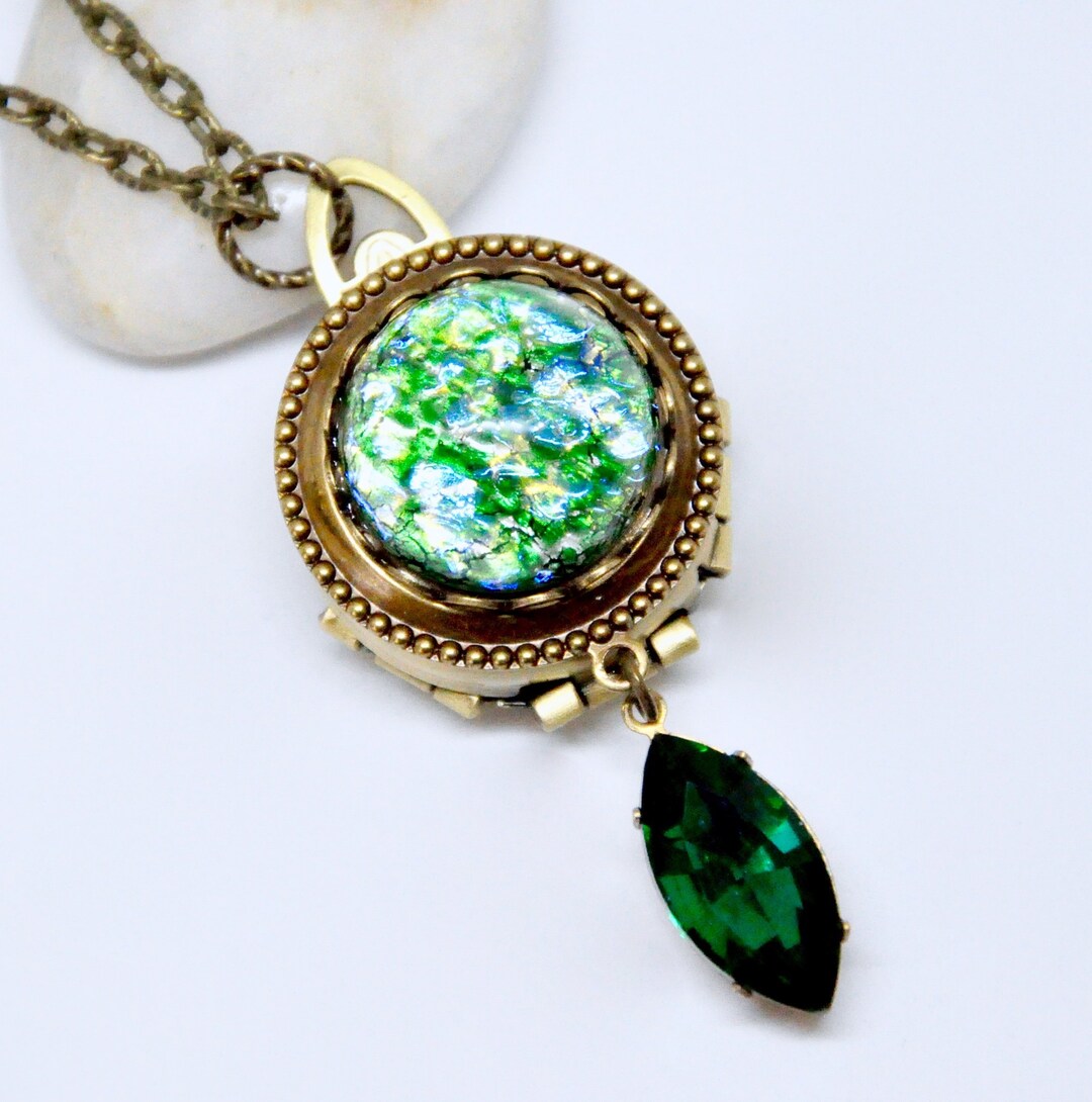 4 Photo Locket Necklace, Emerald Green Locket, Fire Opal, 4 Picture ...