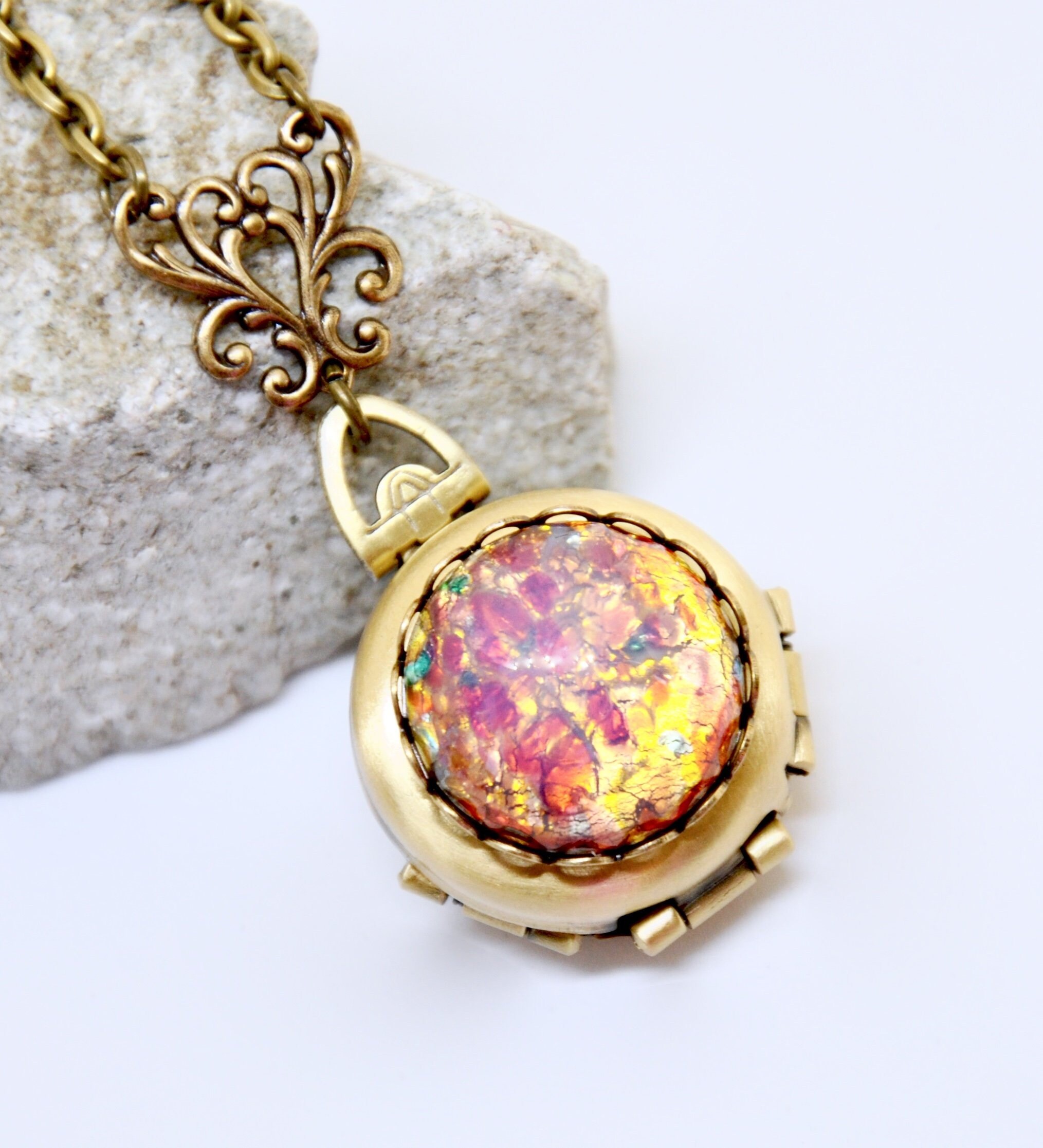 Fire Opal Locket Necklace Antique Brass 4 Picture Locket | Etsy
