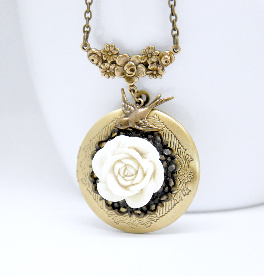 Victorian Ivory Rose Locket Necklace: Antiqued Brass Floral Connector ...