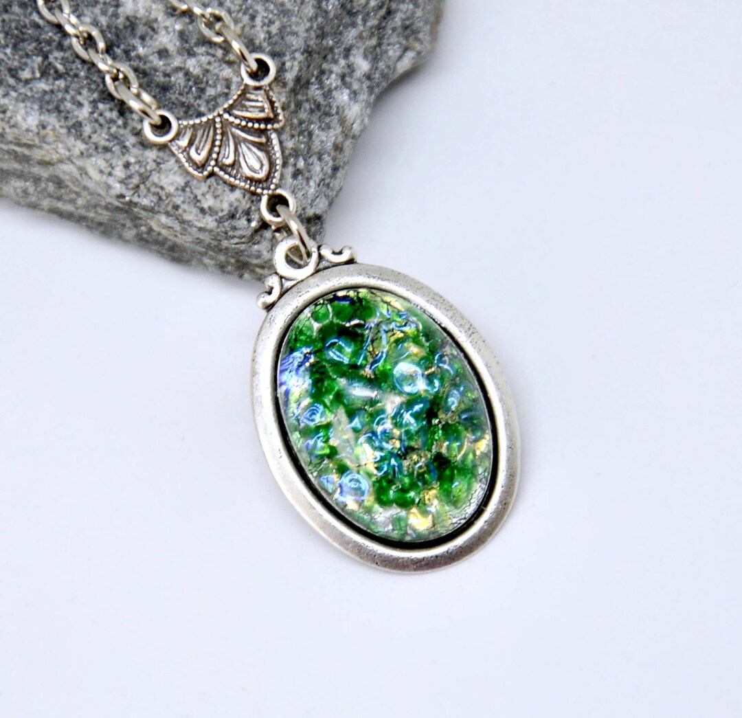 Green Fire Opal Pendant Necklace: Antiqued Silver, Emerald Green ...