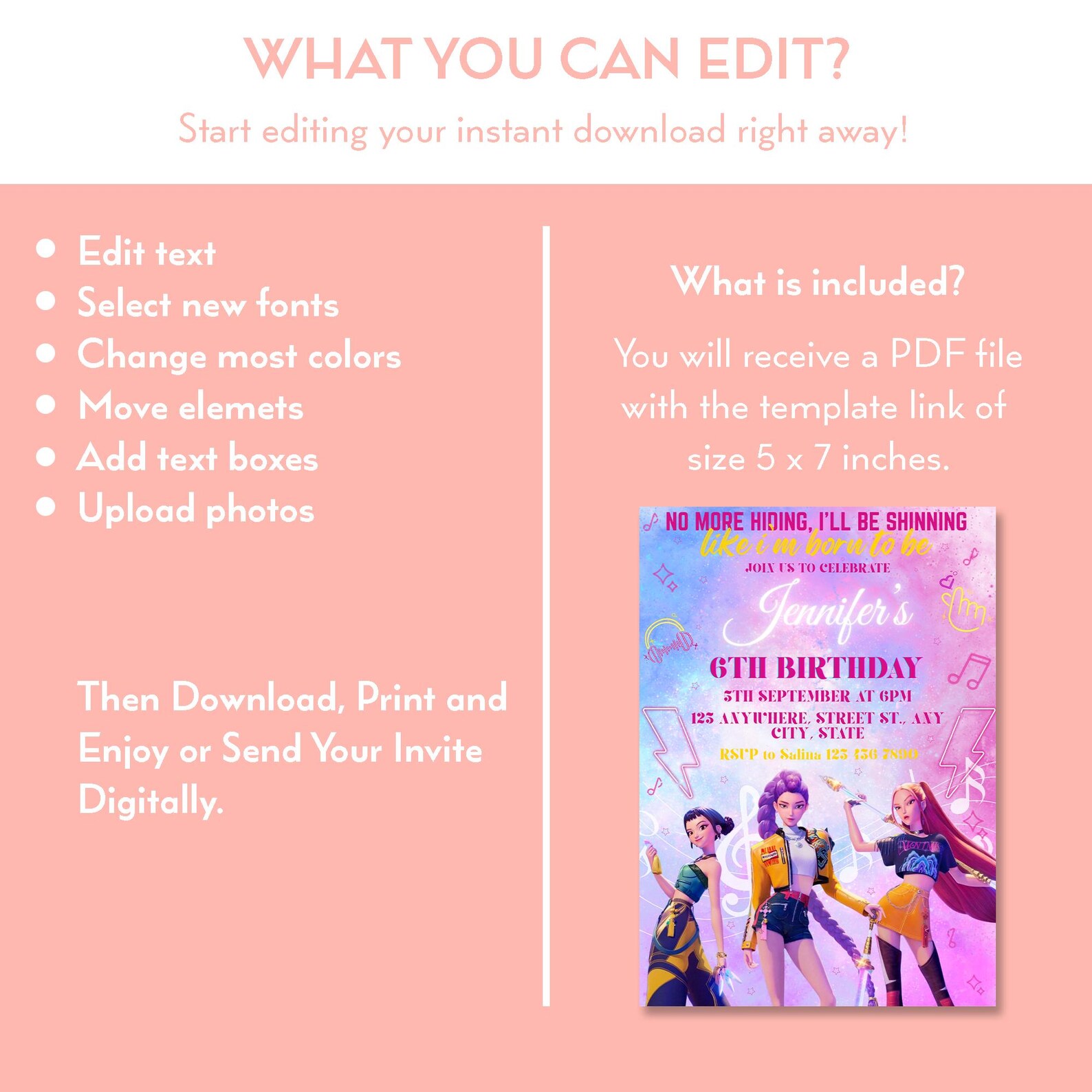 Kpop Demon Hunter Birthday Invitation | Editable Canva Template | Kpop ...
