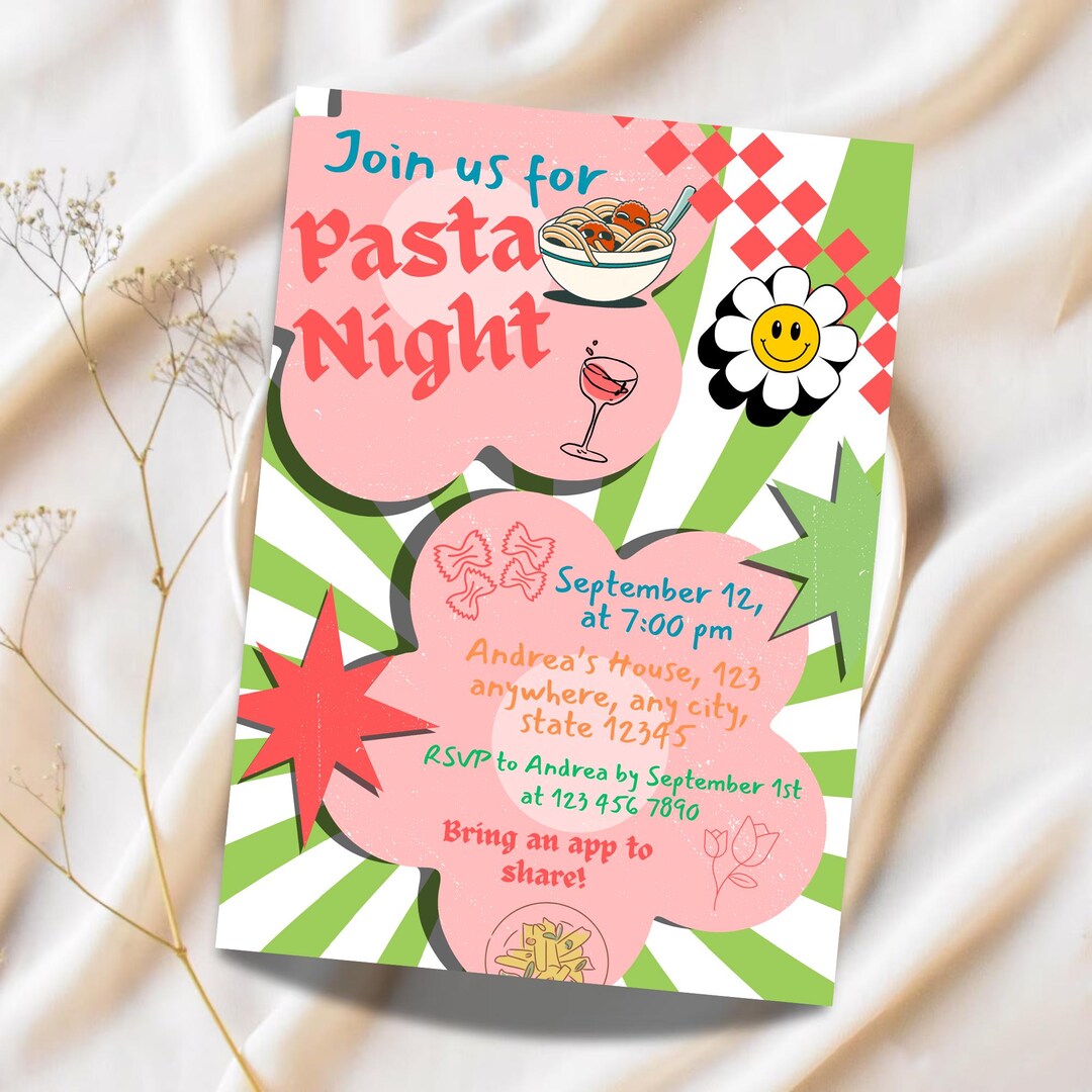 Retro Pasta Night Invitation: Hand-drawn Italian Dinner (editable in ...