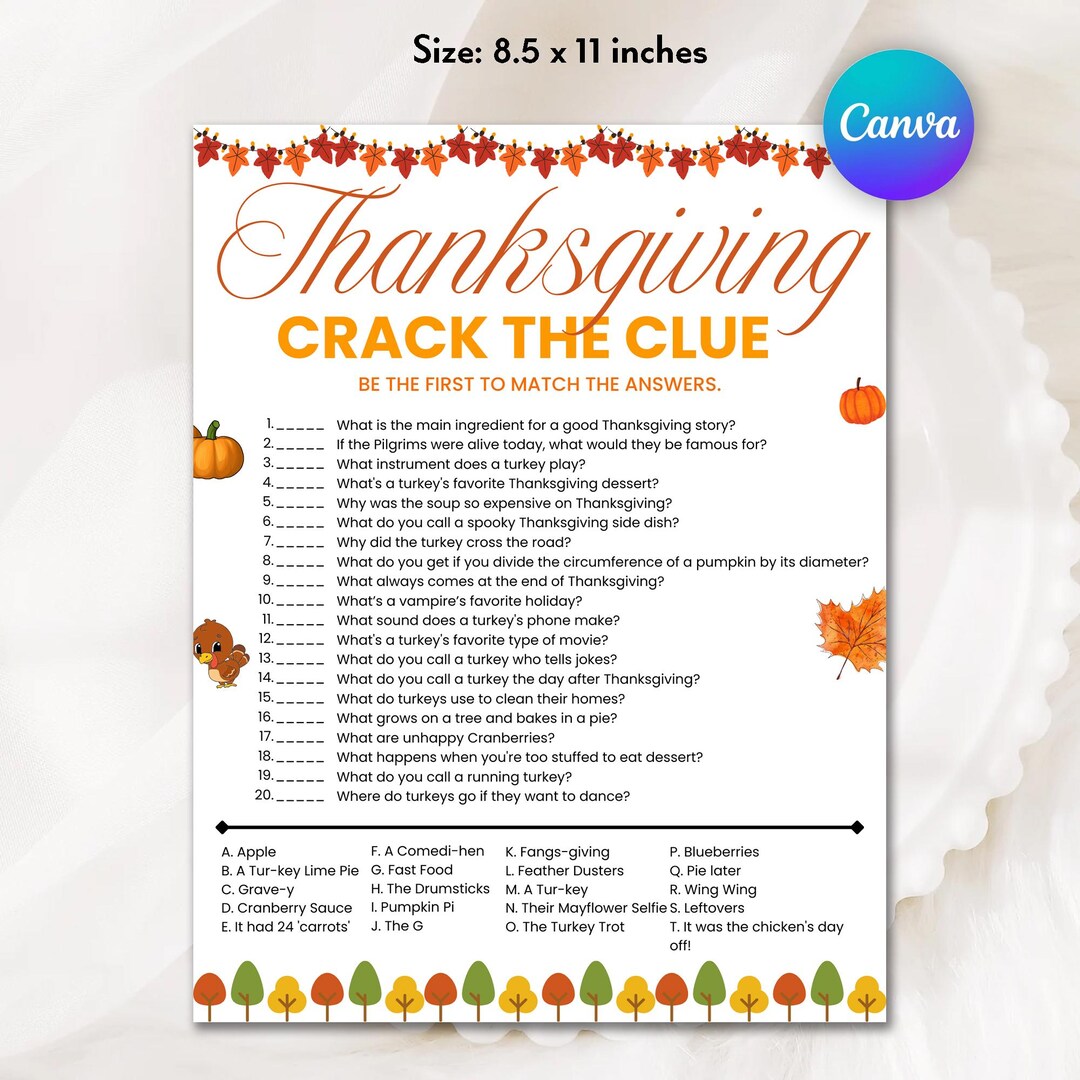 Crack the Clue Game, Thanksgiving Riddles, Turkey Day Trivia Quiz ...