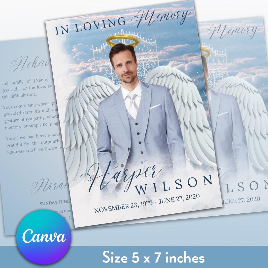 Sky Blue Angel Wings Funeral Program Template: Memorial Celebration ...