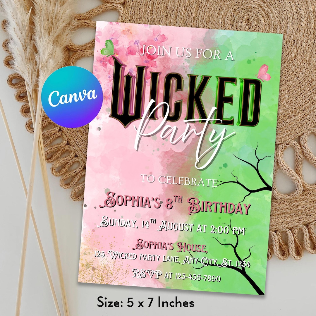 Wicked Party Invitation for Girls Party Theme Editable Invite Pink and ...