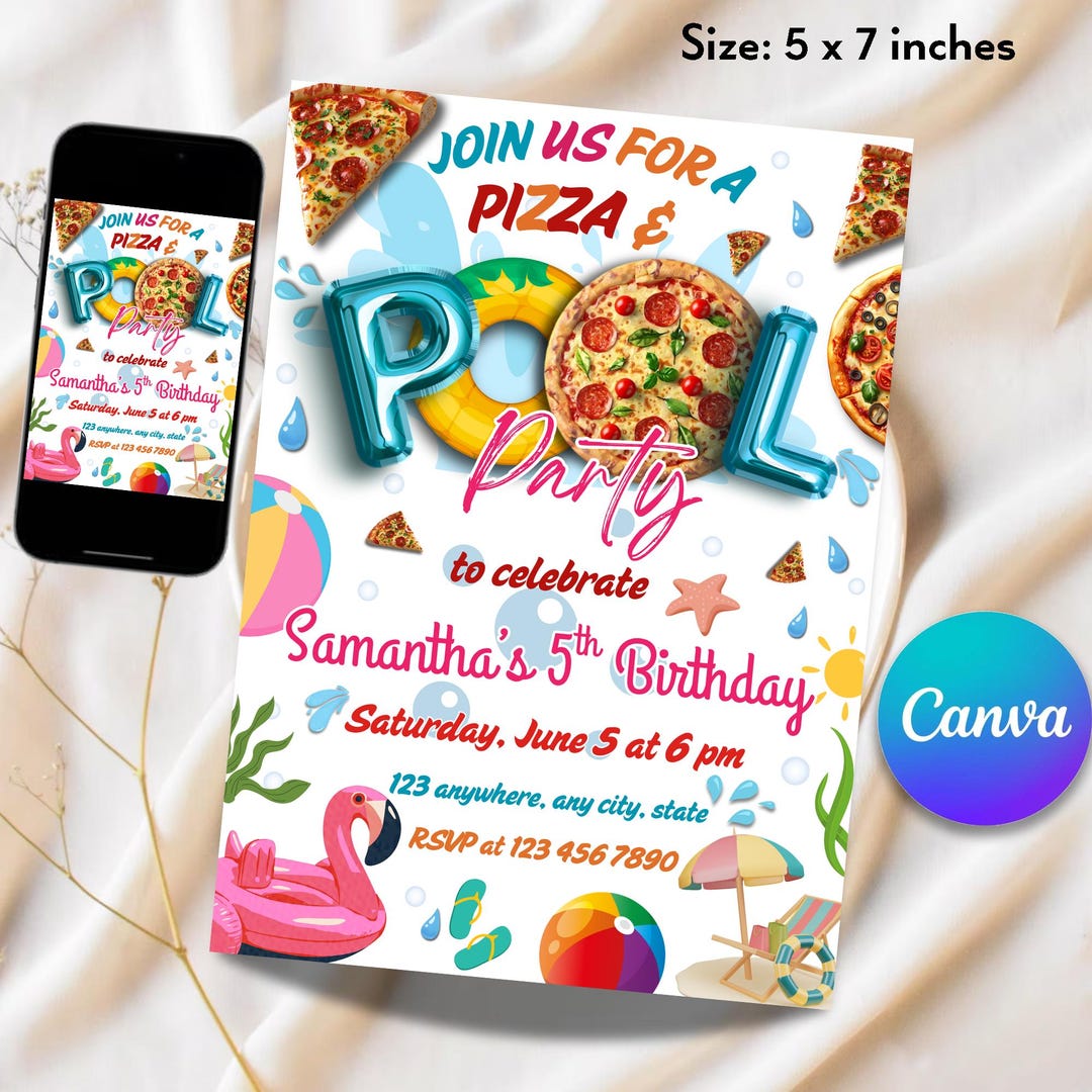 Editable Pizza Pool Party Invitation, Pizza Pool Party Birthday, Pizza ...