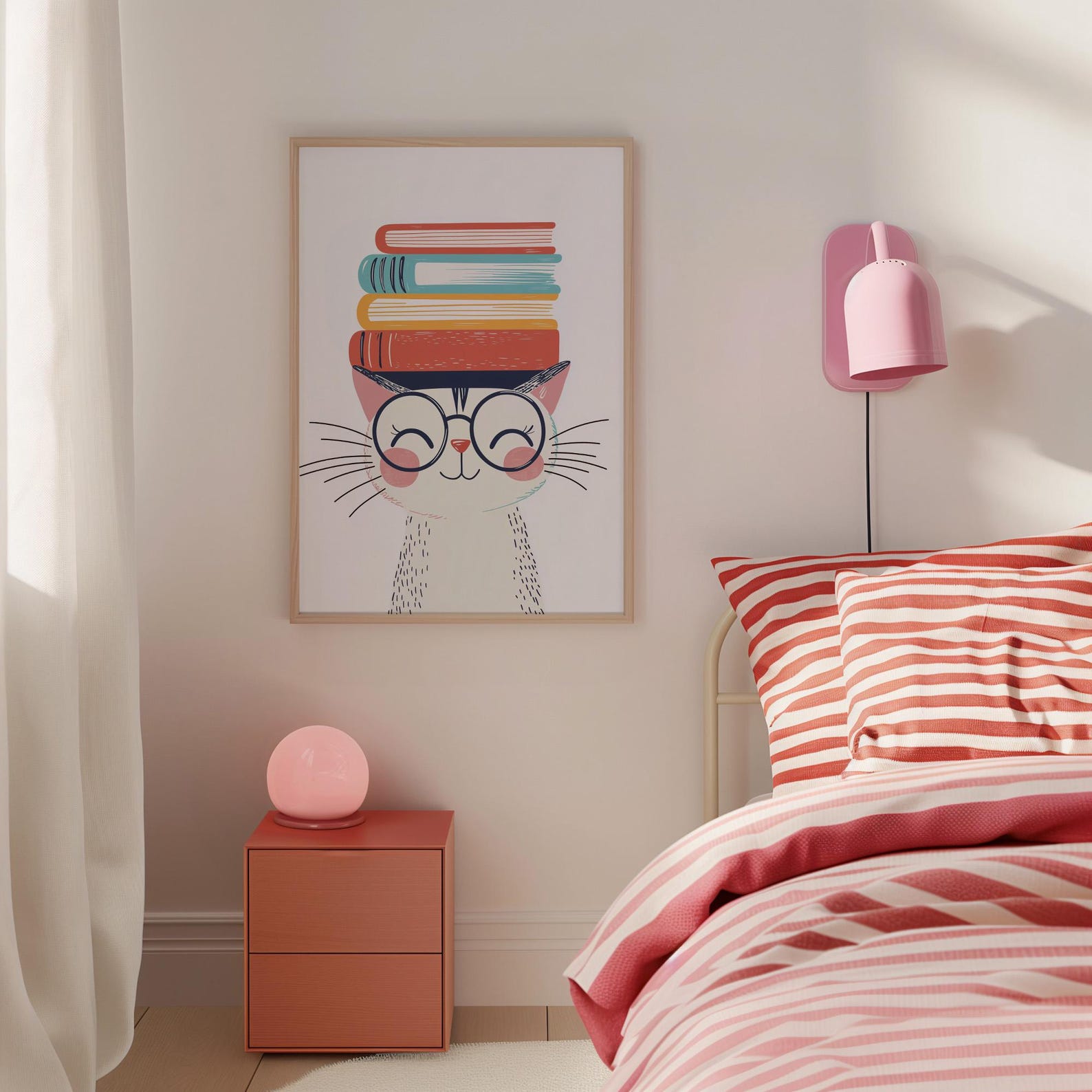 Happy Cat With Books, Kids Room Art, Reading Corner, Cute Book Print ...