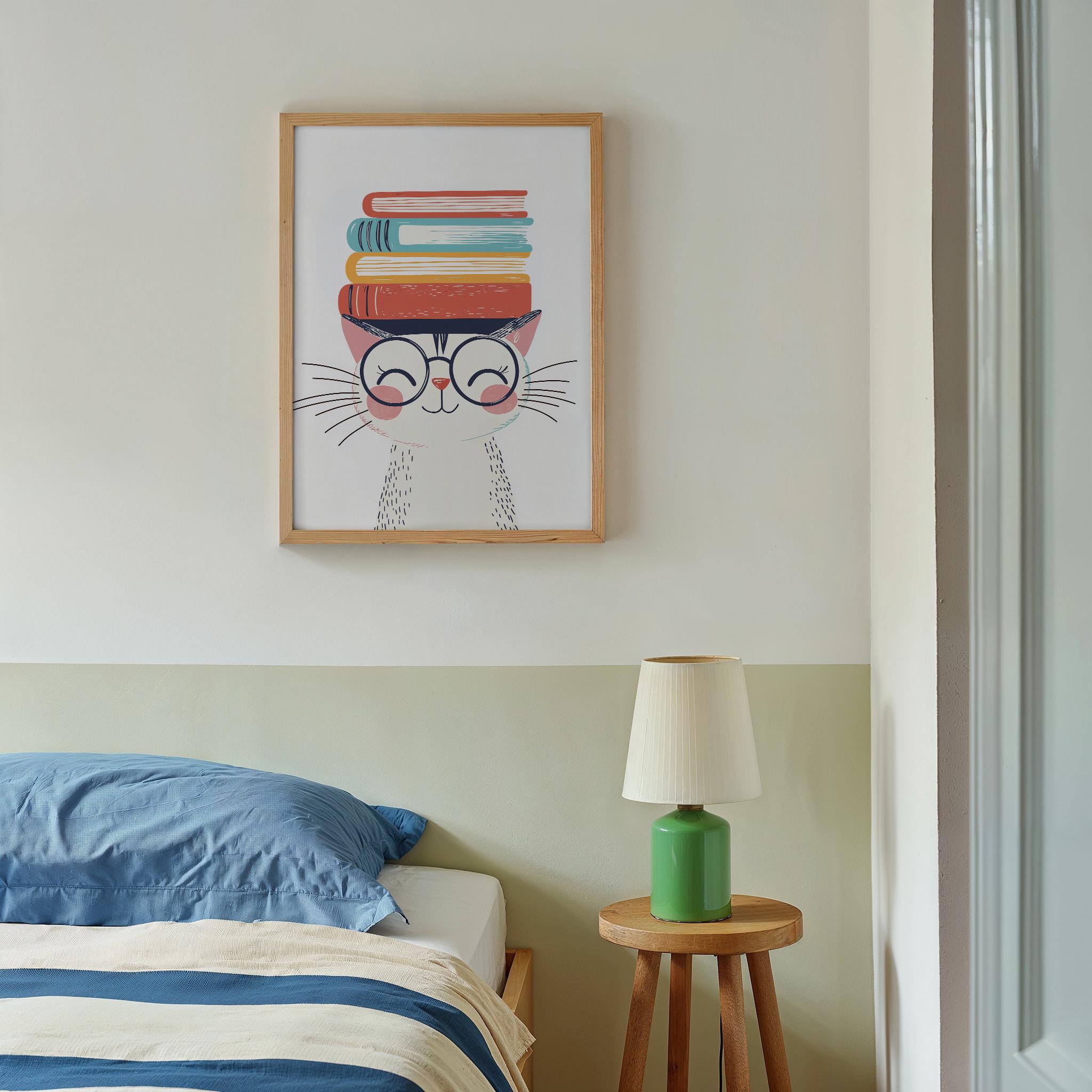 Happy Cat With Books, Kids Room Art, Reading Corner, Cute Book Print ...