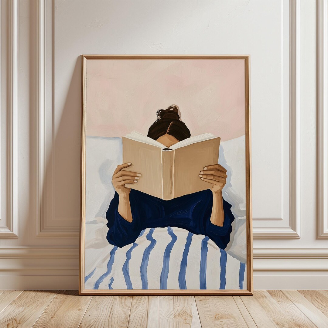 Woman Reading in Bed Poster, Book Lover Wall Art Print, Reading Nook ...