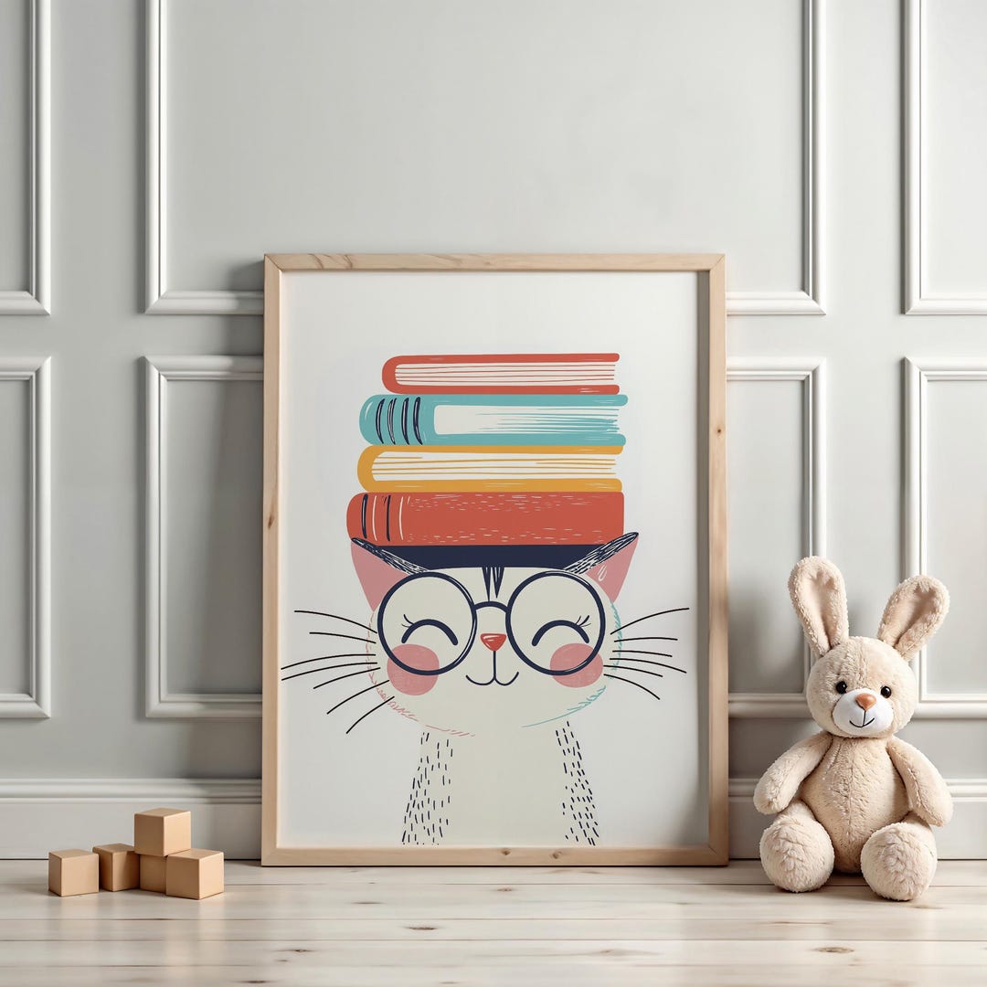 Happy Cat With Books, Kids Room Art, Reading Corner, Cute Book Print ...