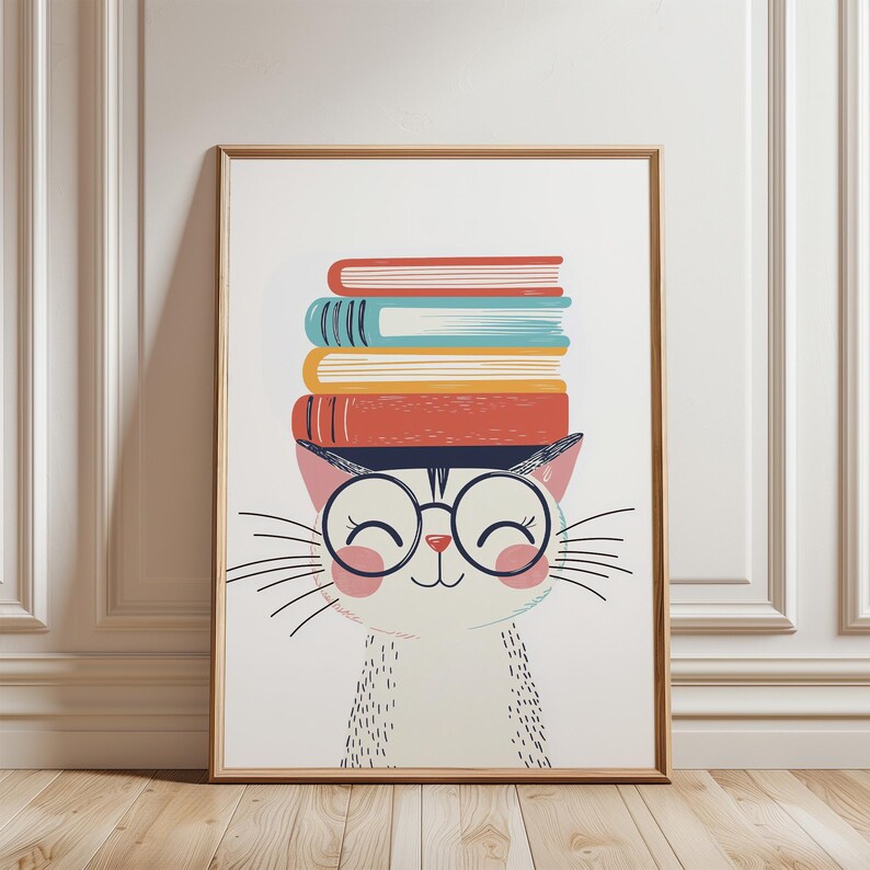 Happy Cat With Books, Kids Room Art, Reading Corner, Cute Book Print ...
