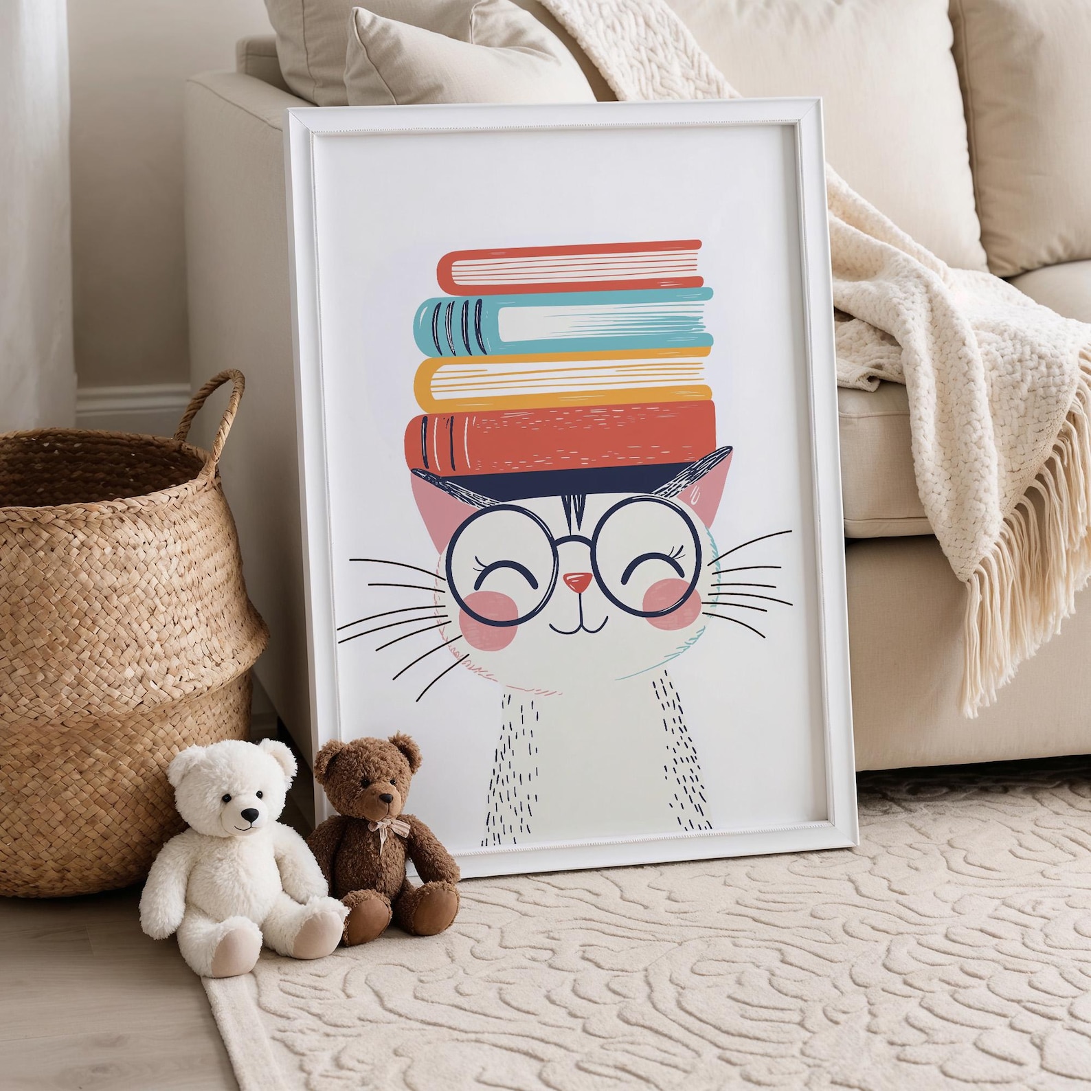Happy Cat With Books, Kids Room Art, Reading Corner, Cute Book Print ...