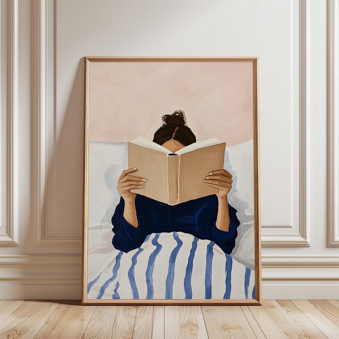 Woman Reading in Bed Poster, Book Lover Wall Art Print, Reading Nook ...