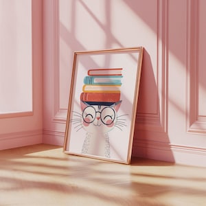 Happy Cat With Books, Kids Room Art, Reading Corner, Cute Book Print ...