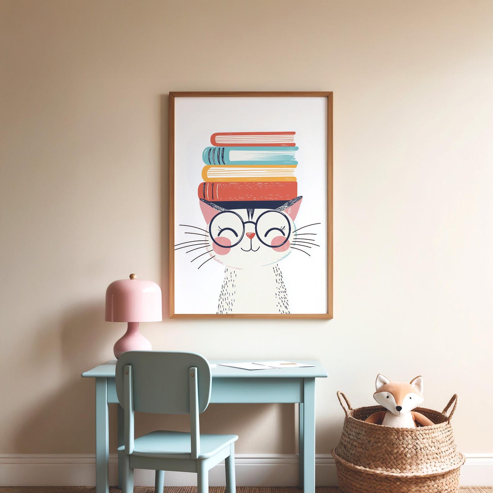 Happy Cat With Books, Kids Room Art, Reading Corner, Cute Book Print ...