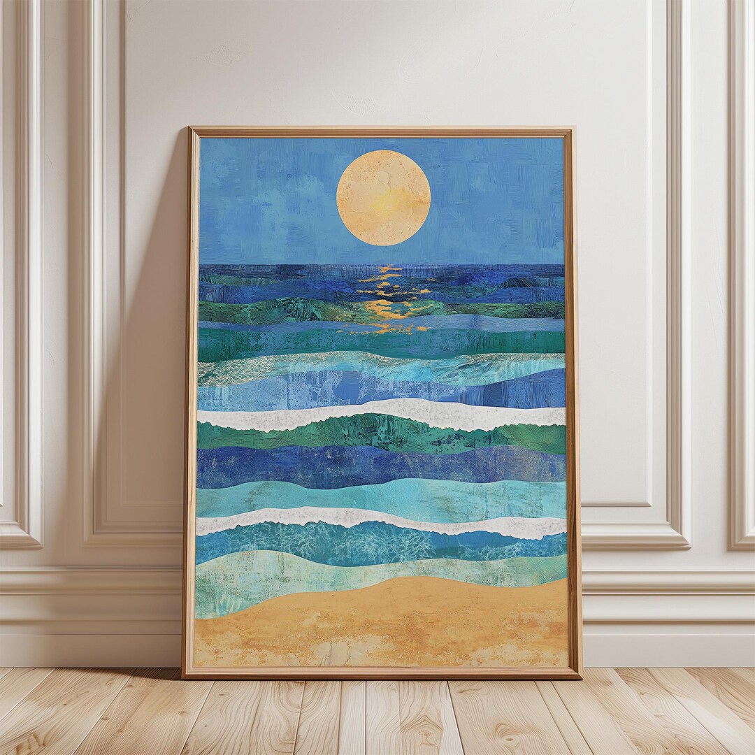 Sunset Print, Ocean Sunset Poster, Waves, Bright Minimalist Beach House ...