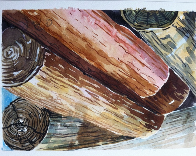 Original Watercolor Painting Rustic Landscape Log Pile - Etsy