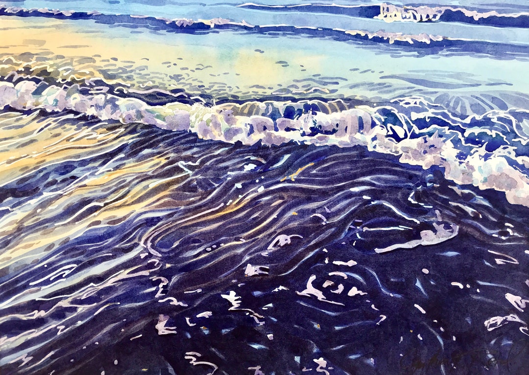 Original Watercolor Painting of Ocean, Surf at Sunrise, Dawn on the ...