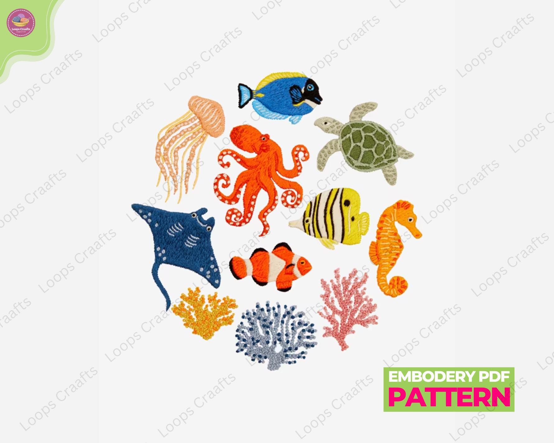 Sea Creatures Hand Embroidery Pattern Coastal Ocean Theme Embroidery ...