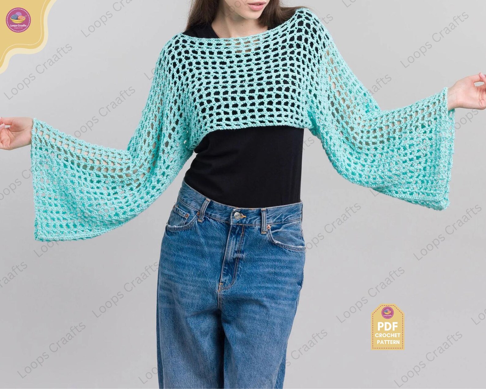 Shrug Crochet Pattern for Girl Goth Crop Crochet Shrug Bell Sleeve ...