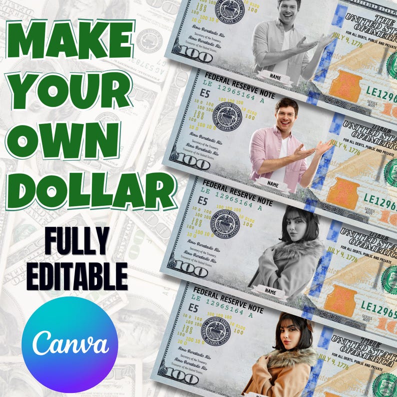 Custom Dollar Bill Editable Canva Template | Add Your Face and Name ...