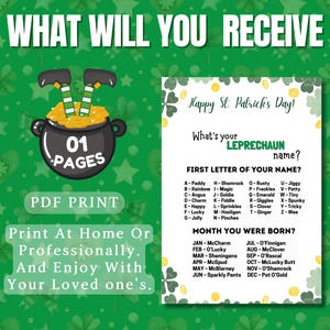 What's Your Leprechaun Name St Patricks Day Games, Leprechaun Name Tag ...