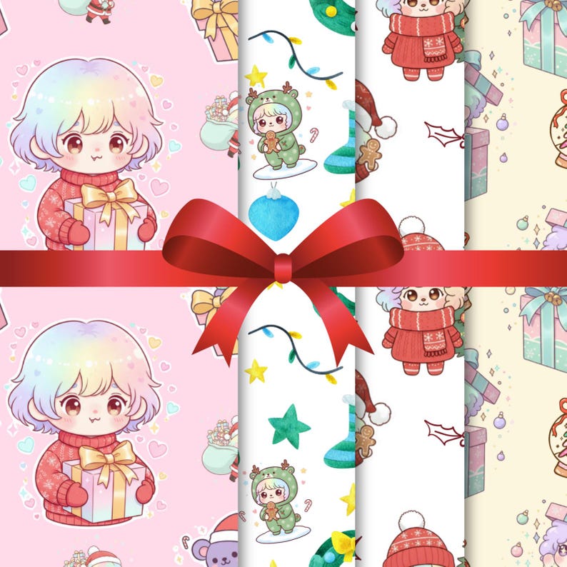 Christmas Digital Paper Bundle – 50+ Seamless 12x12 PNG, Kawaii Chibi ...