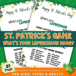 What's Your Leprechaun Name St Patricks Day Games, Leprechaun Name Tag ...