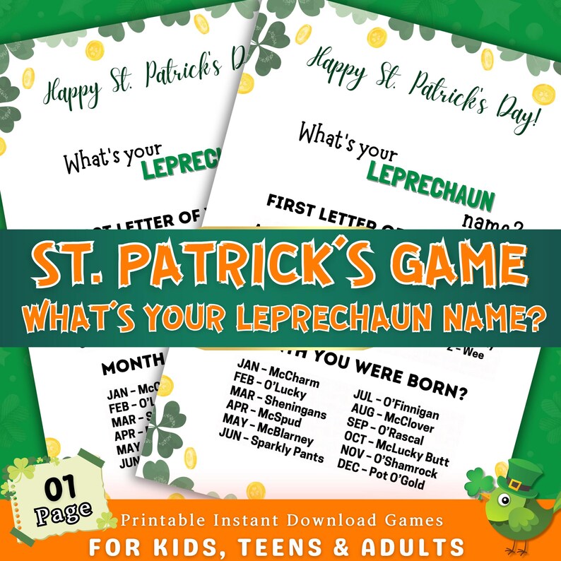 What's Your Leprechaun Name St Patricks Day Games, Leprechaun Name Tag ...