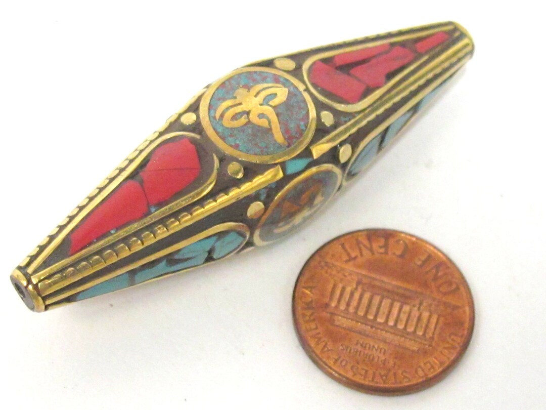 1 Bead - Long Large Bicone Shape Tibetan Buddha Eye Symbol and Om ...