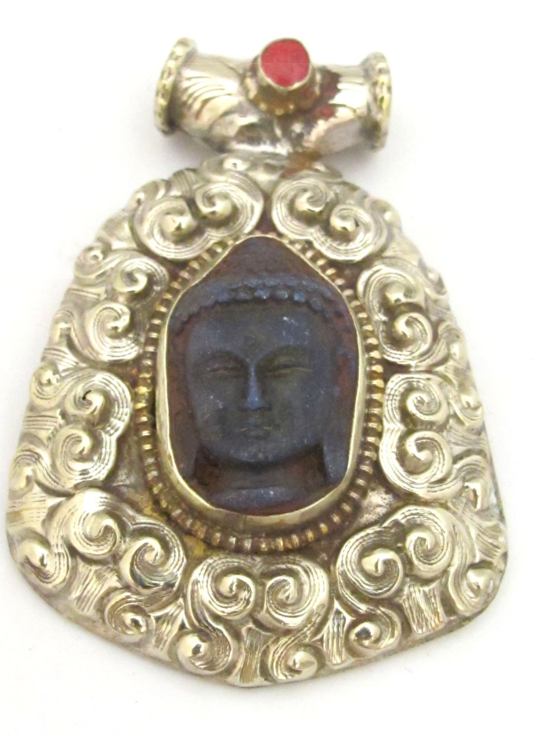 Tibetan Silver Blue Buddha Pendant With Floral Repousse Details and ...