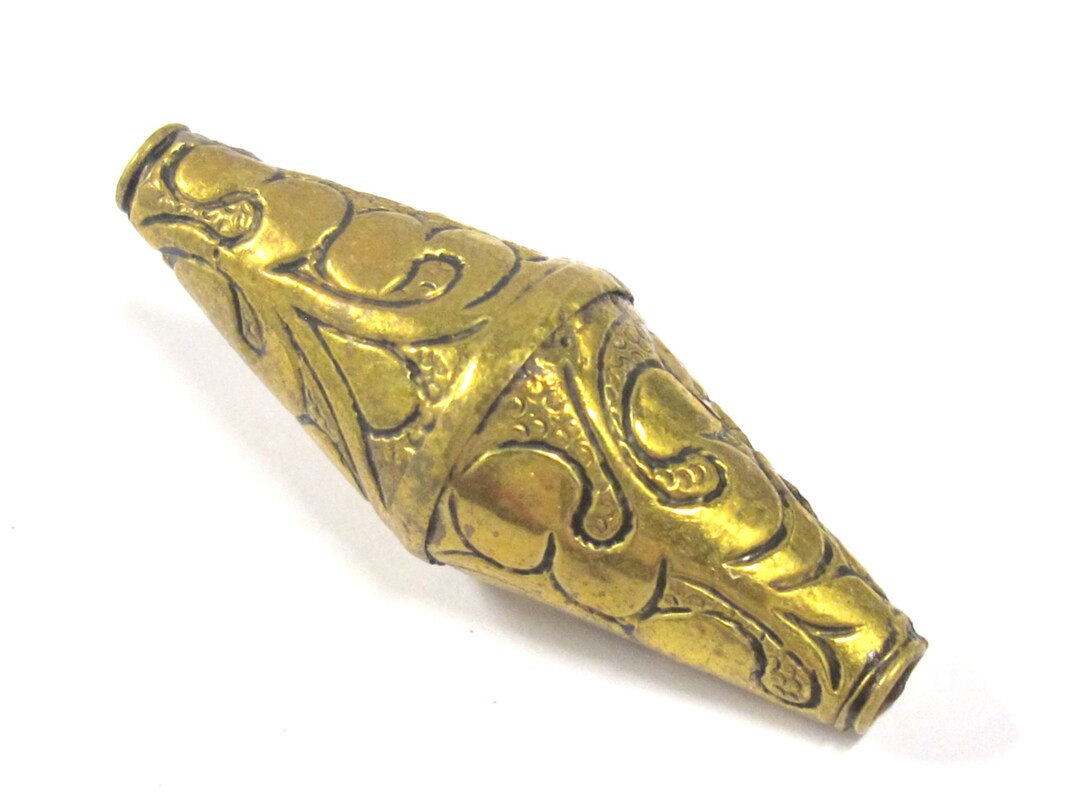 1 BEAD - Large Bicone Shape Tibetan Repousse Antiqued Golden Brass ...