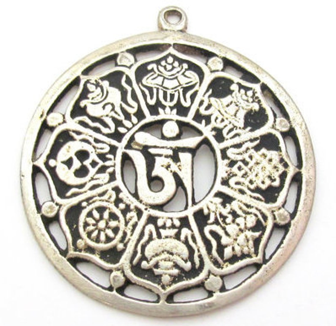 Tibetan ashtamangala auspicious symbols Om pendant Tibetan | Etsy