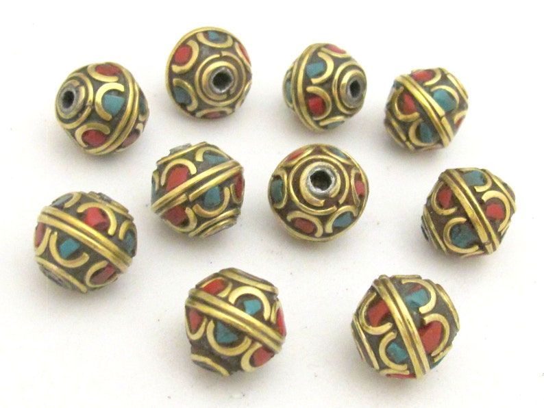 4 Beads Tibetan Brass Bead With Turquoise and Coral Inlay | Etsy