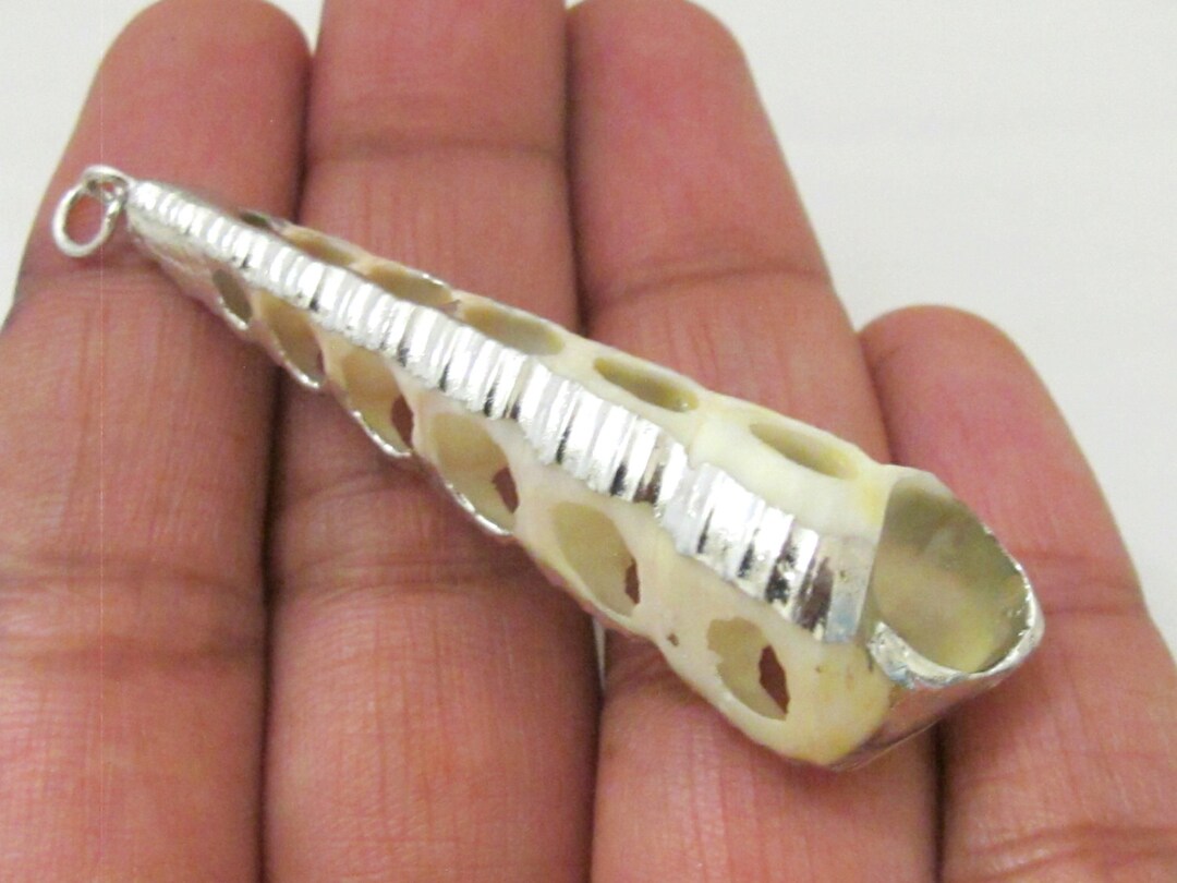 1 Pendant - Long Sliced Conical Shell Silver Plated Shell Pendant ...