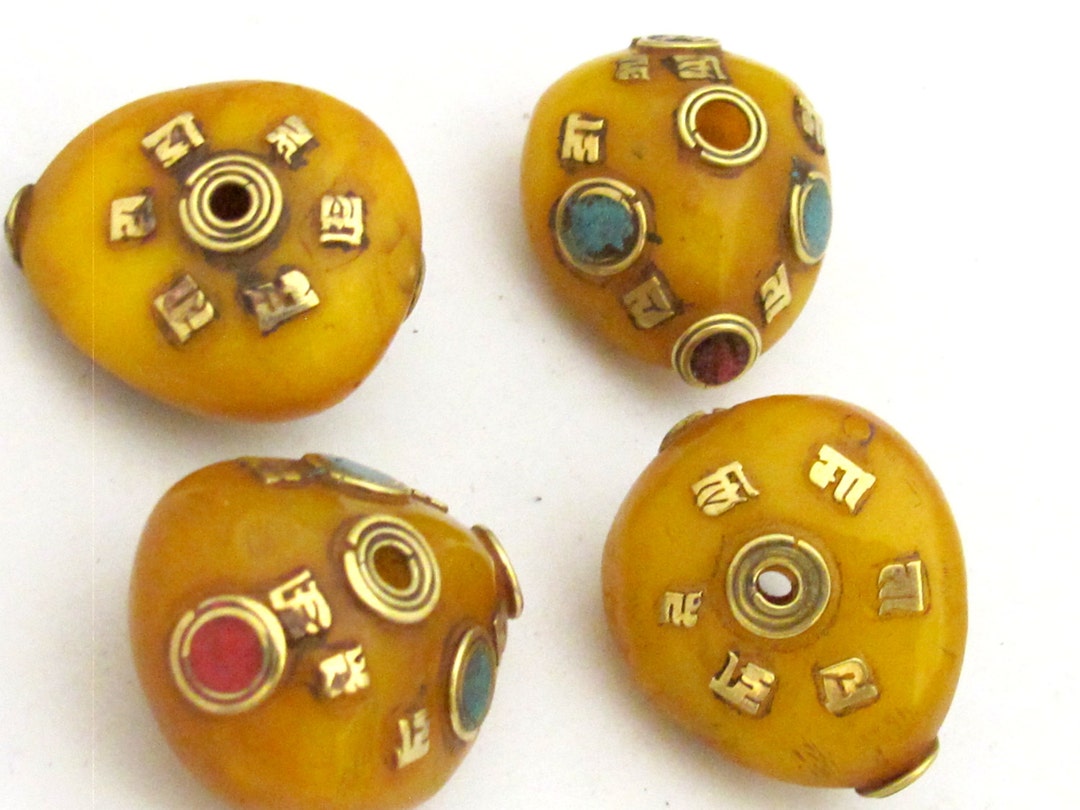 1 Bead - Beautiful Reversible Tibetan Copal Resin Beads With Brass Om ...