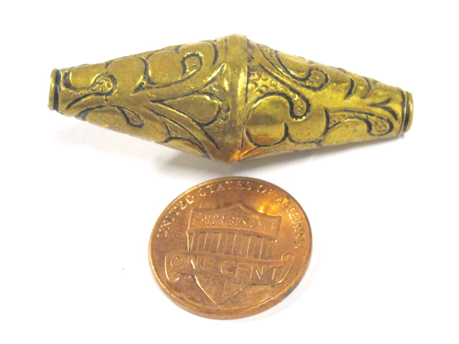 1 BEAD - Large Bicone Shape Tibetan Repousse Antiqued Golden Brass ...