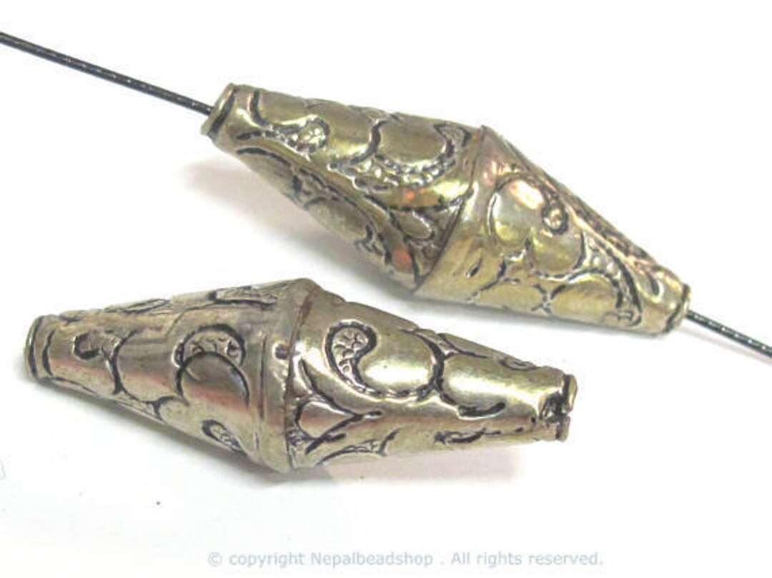 1 Bead - Beautiful Large Long Bicone Shape Tibetan Silver Floral ...