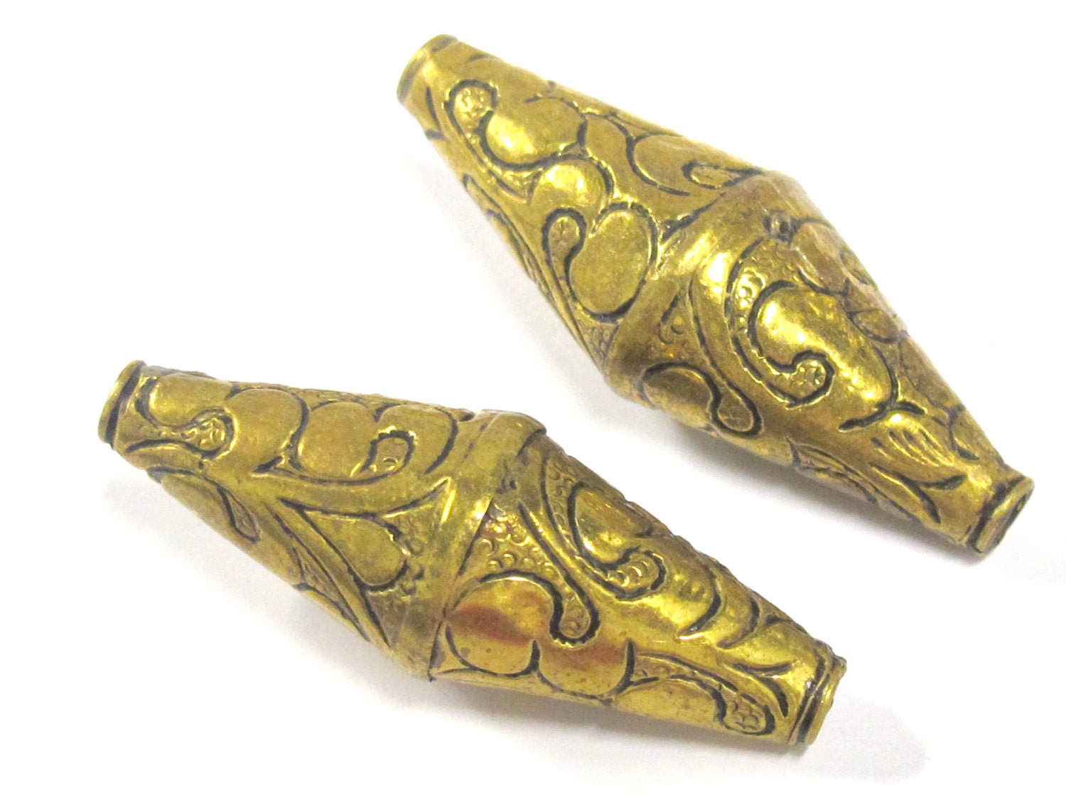 1 BEAD - Large Bicone Shape Tibetan Repousse Antiqued Golden Brass ...