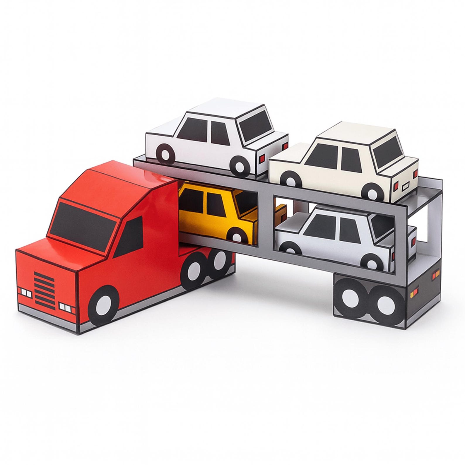Car Carrier Truck Paper Craft | Printable PDF Set With Four Cars ...