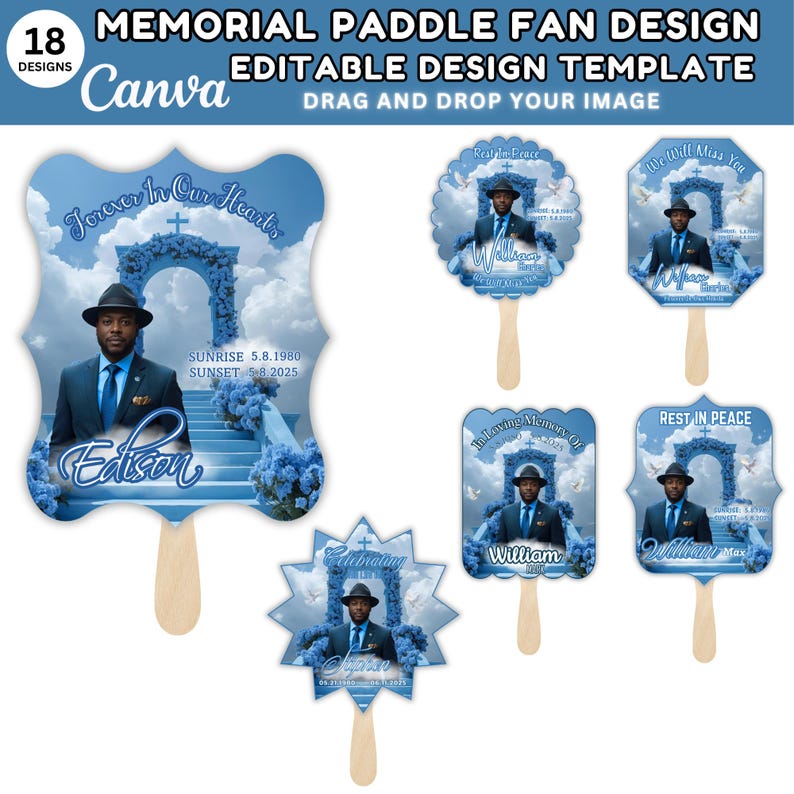 In Loving Memory Memorial Funeral Fan Canva Editable Template,18 Blue ...