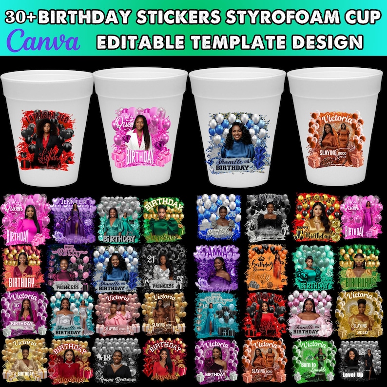 Birthday Styrofoam Cup Stickers Editable Template, Birthday Party ...