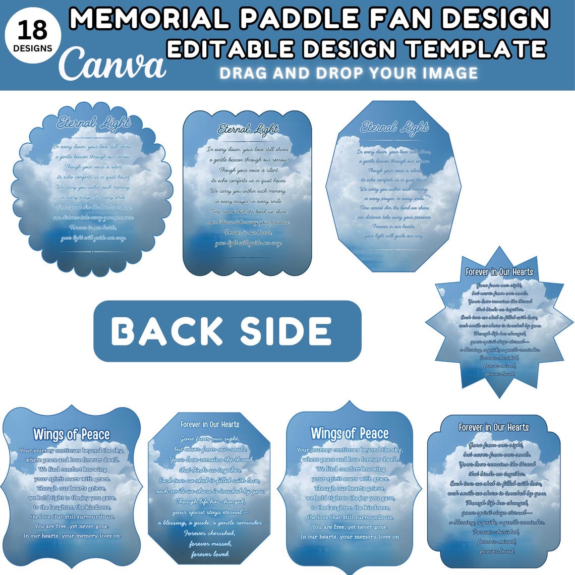 In Loving Memory Memorial Funeral Fan Canva Editable Template,18 Blue ...