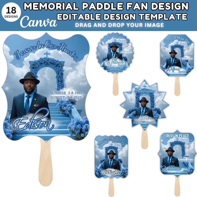 In Loving Memory Memorial Funeral Fan Canva Editable Template,18 Blue ...