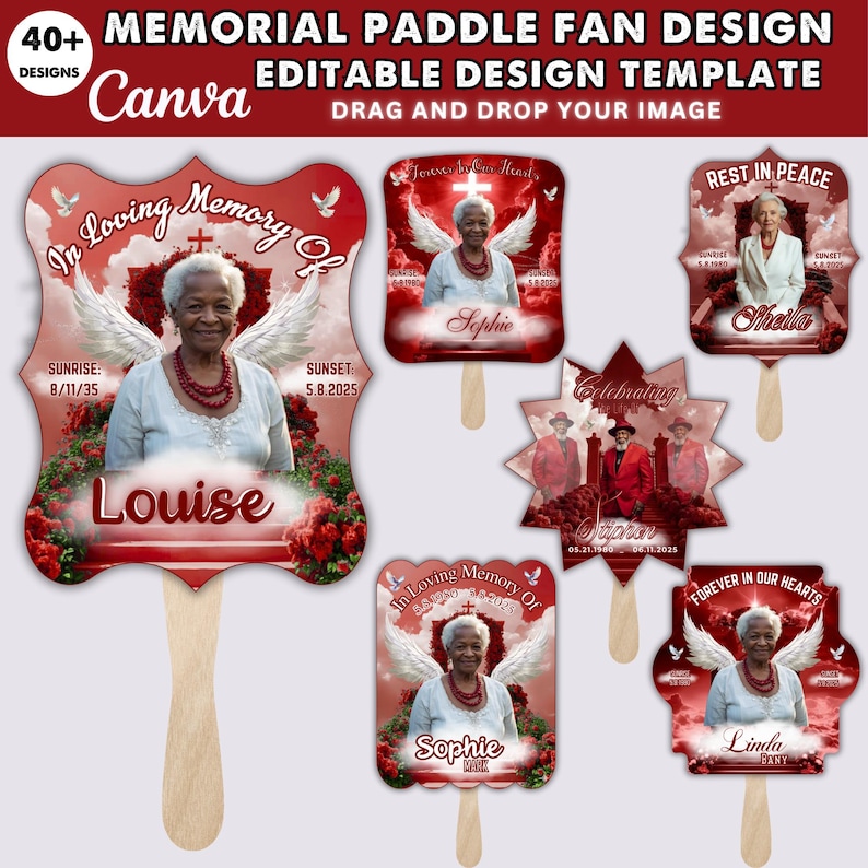 In Loving Memory Memorial Funeral Fan Canva Editable Template, 40+ Red ...