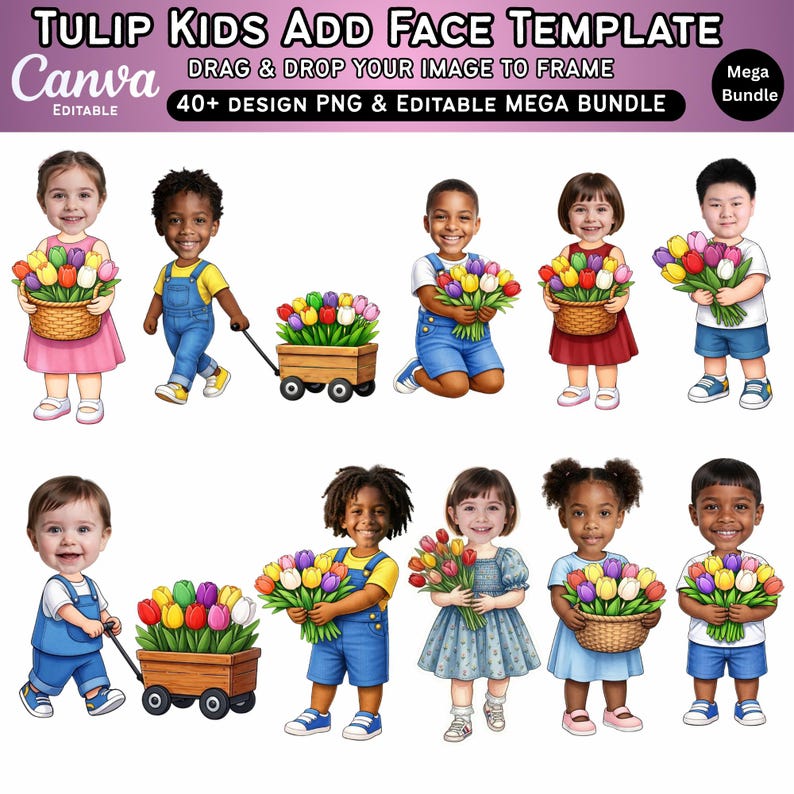 Tulip Kids Add Your Face, Editable Canva Template,40+spring Bulletin ...