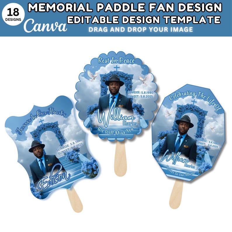 In Loving Memory Memorial Funeral Fan Canva Editable Template,18 Blue ...