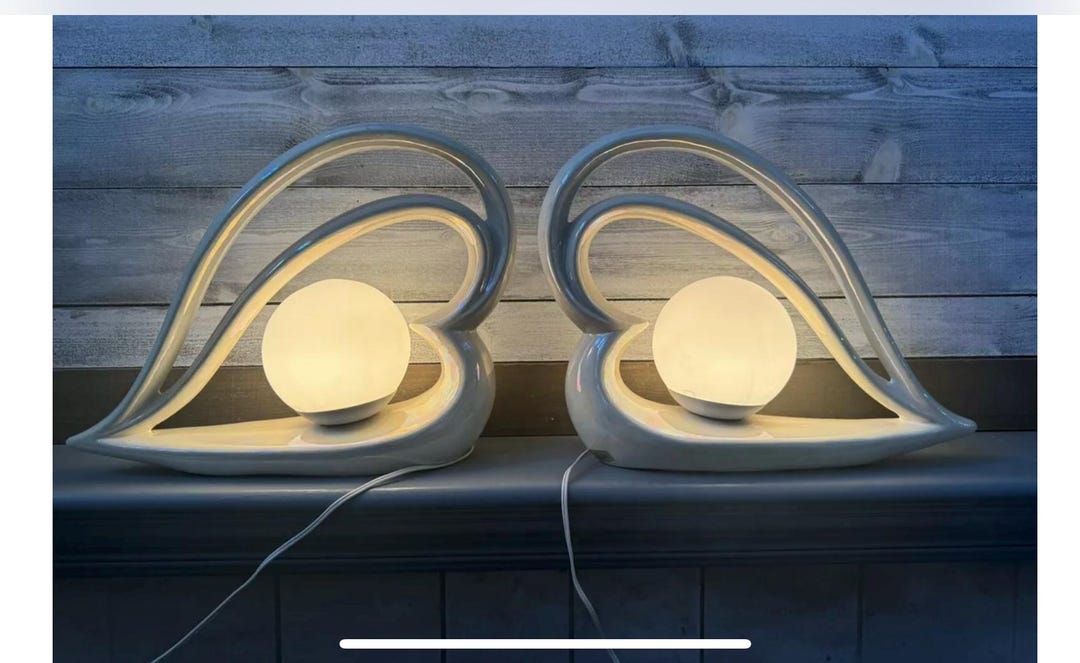 Vintage Pair Heart Shape Table Lamps Art Deco 1980's Iridescent White ...